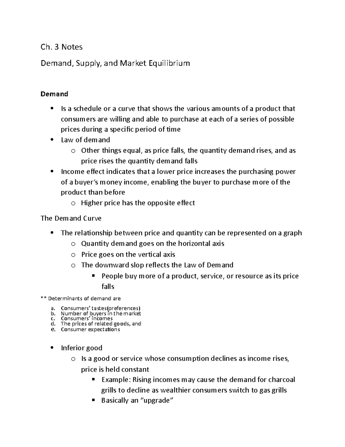 Ch. 3 Notes - Microeconomics - Ch. 3 Notes Demand, Supply, and Market ...