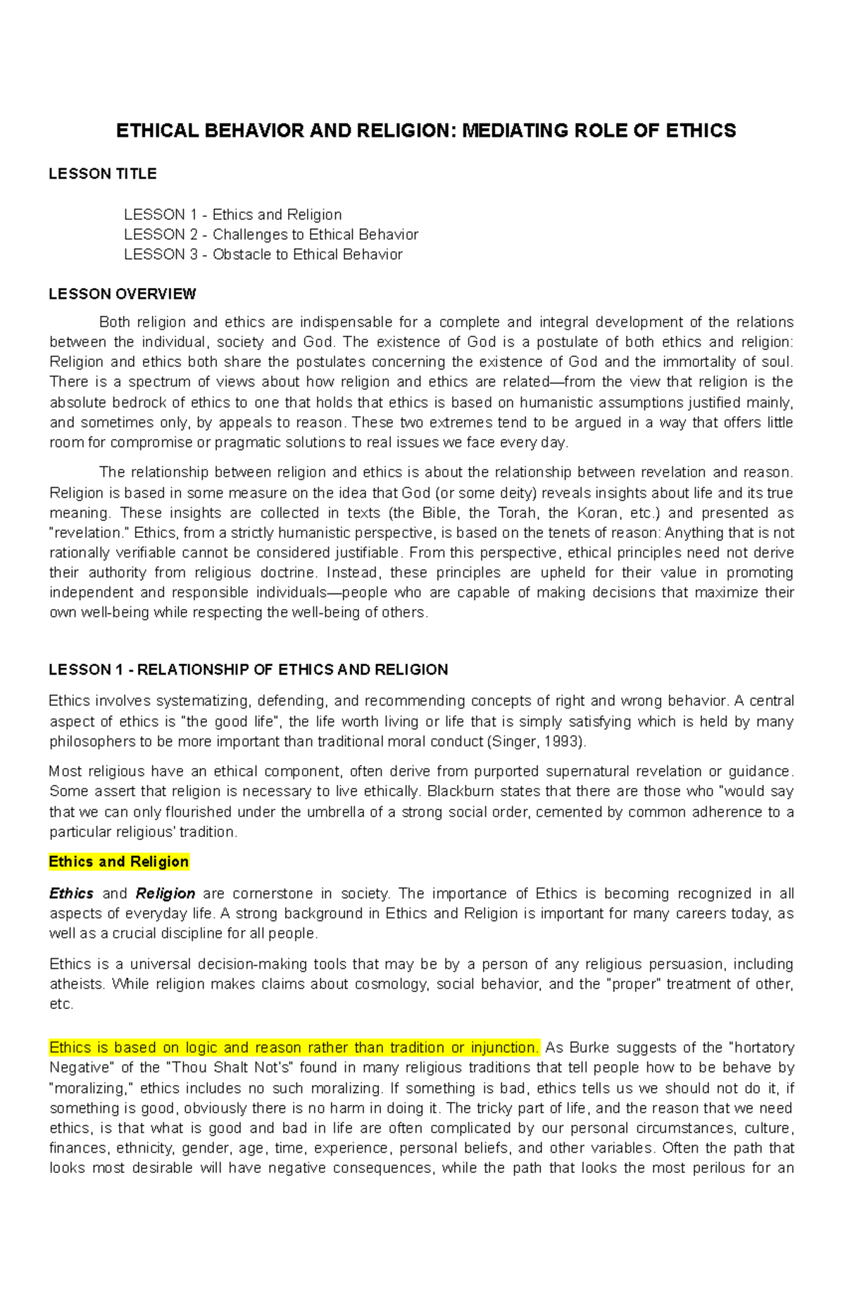 Ethical Behavior and Religion Ethics - ETHICAL BEHAVIOR AND RELIGION ...