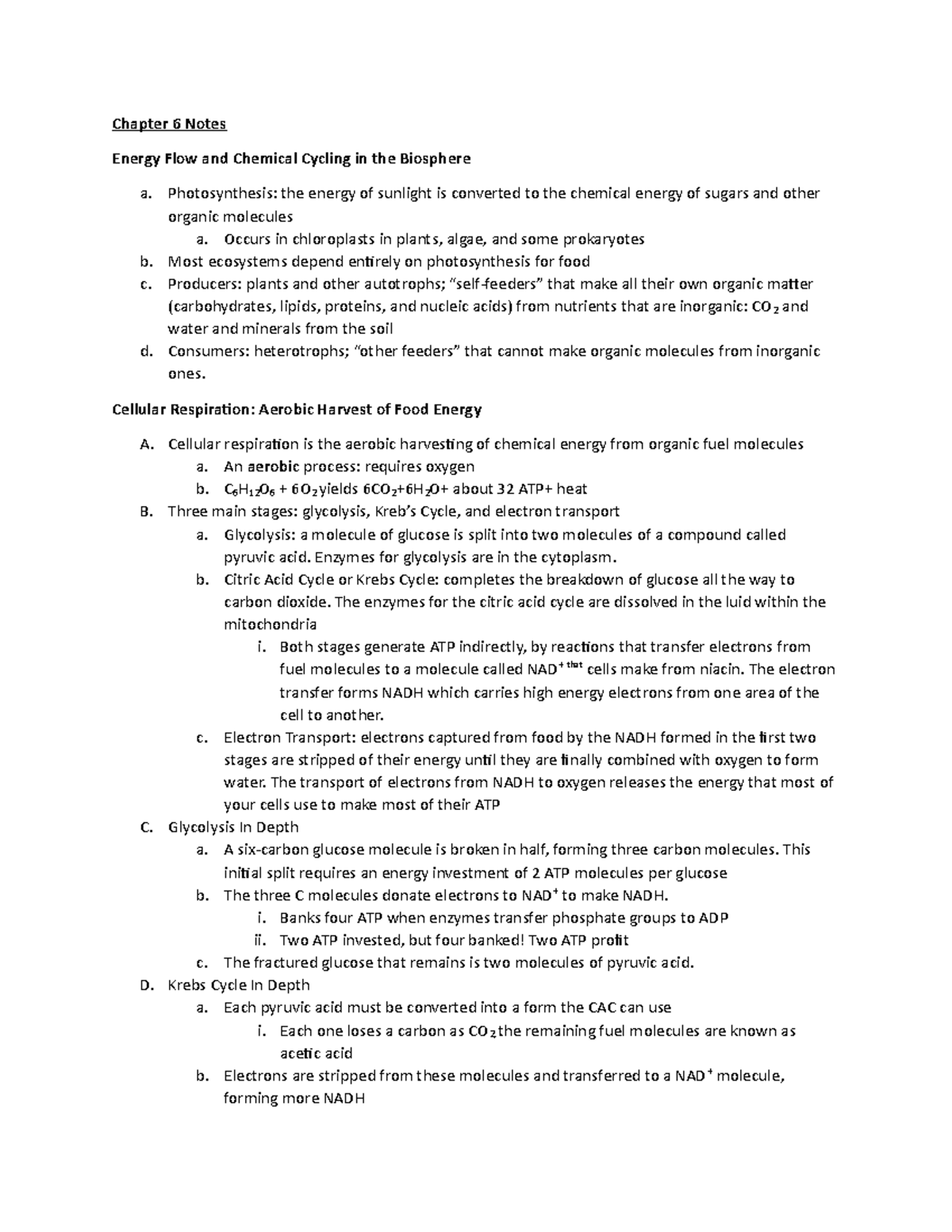 Bio 3 Notes - Chapter 6 Notes Energy Flow and Chemical Cycling in the ...