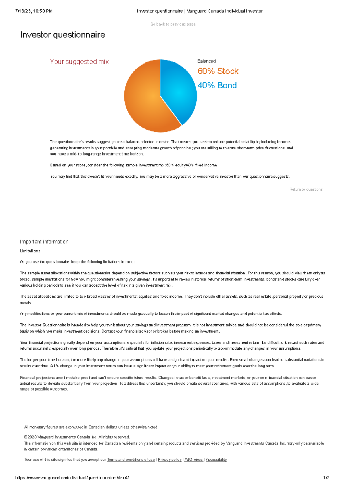 Investor questionnaire Vanguard Canada Individual Investor - 7/13/23 ...