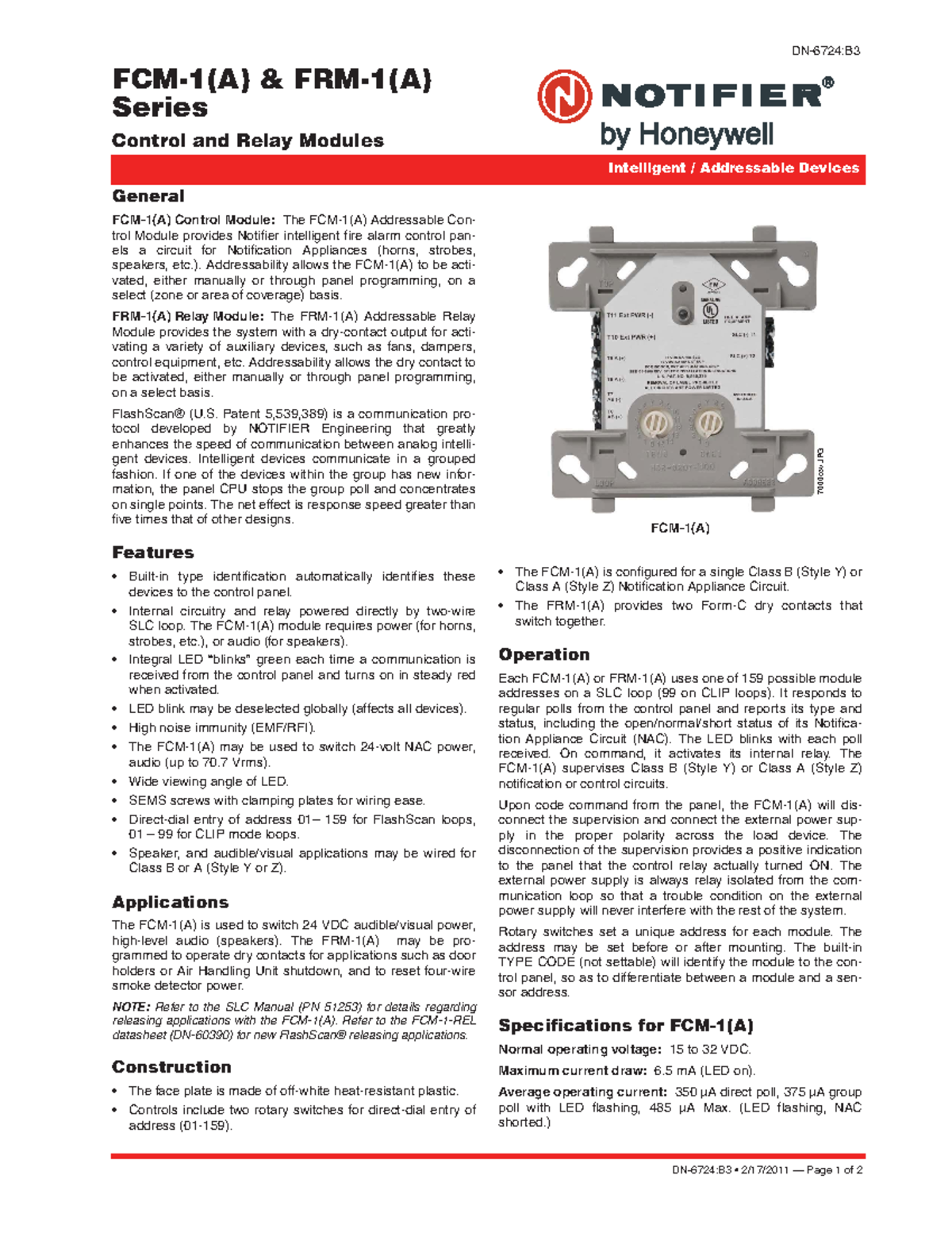 FCM-1 Ficha técnica 2 - Fcm1 - DN-6724:B3 • 2/17/2011 — Page 1 of 2 FCM ...