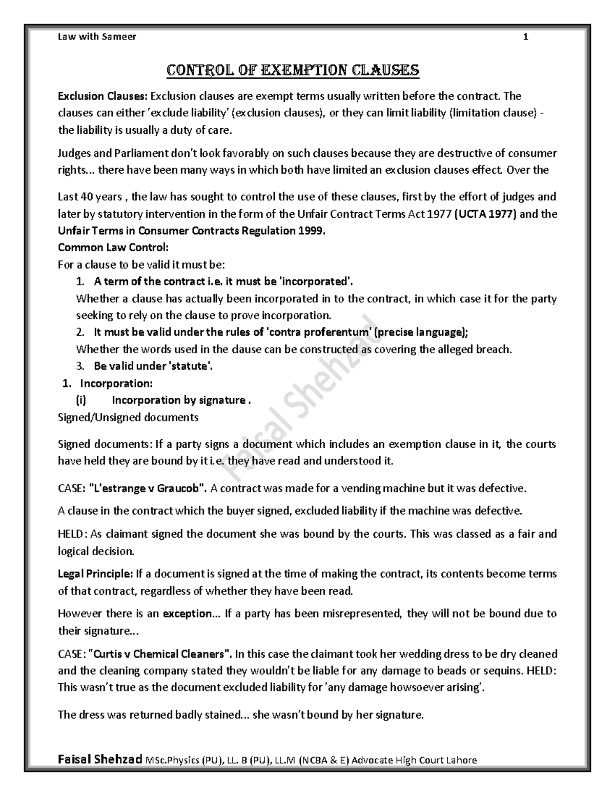 Control of Exemption Clauses (notes ) - Control of Exemption Clauses ...