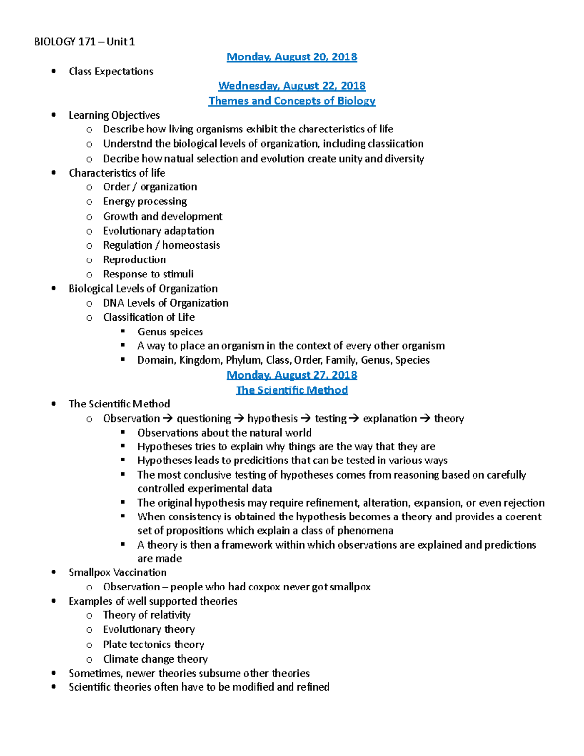 Unit 1 Notes - BIOLOGY 171 – Unit 1 Monday, August 20, 2018 Class ...