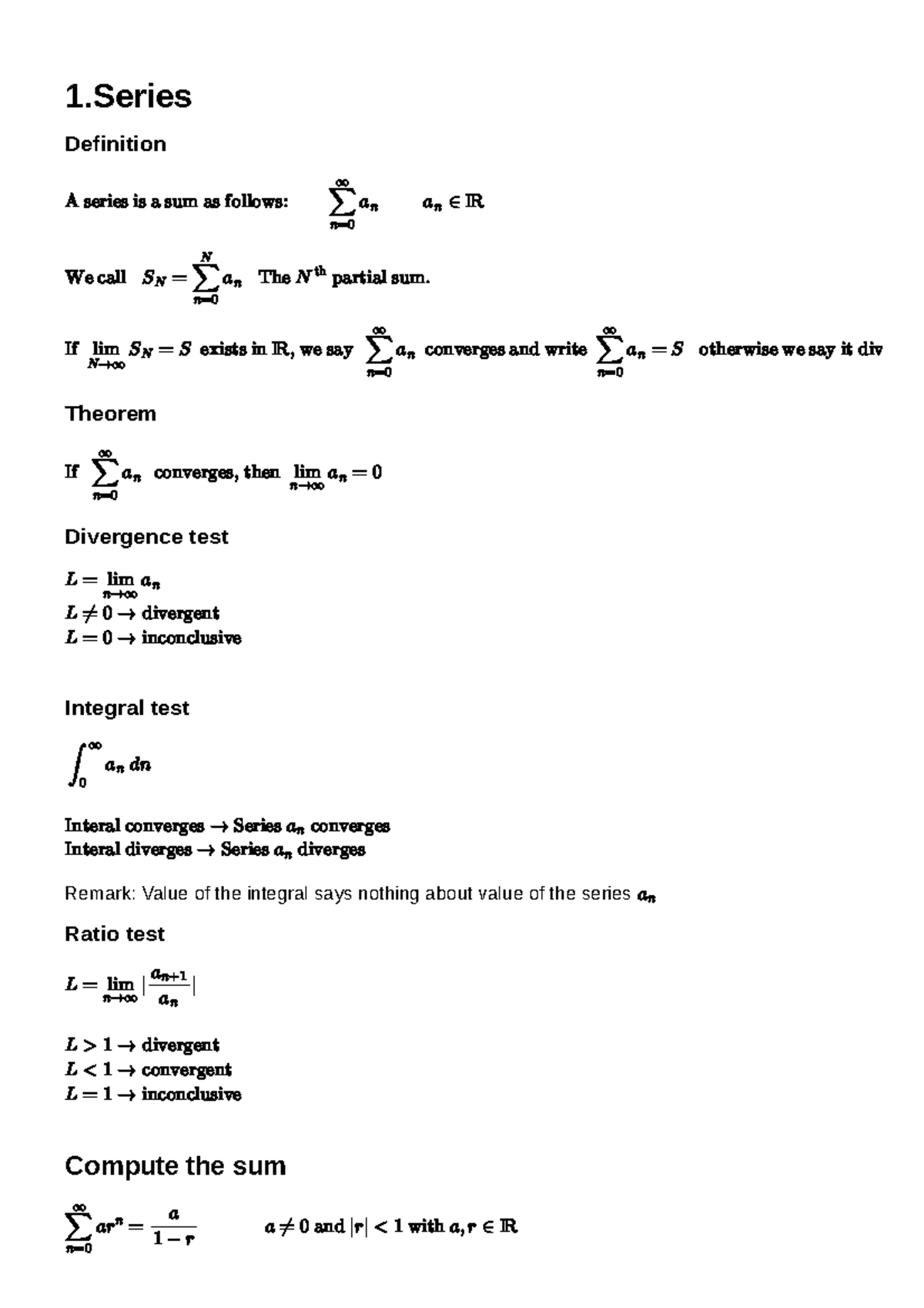 practical analysis - 1 Definition Theorem Divergence test Integral test ...