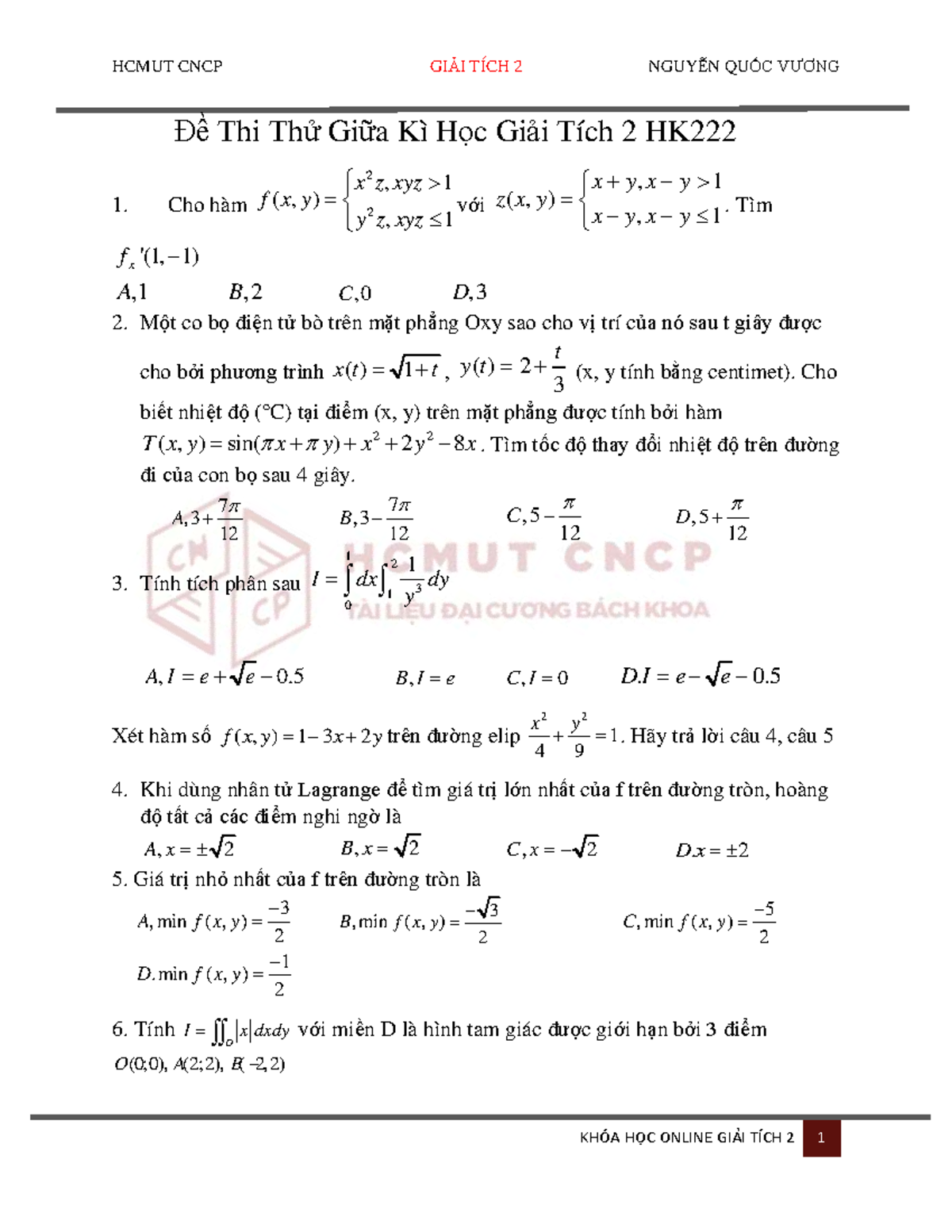 Đề thi thử GK giải tích 2 hk222 - HCMUT CNCP GIẢI TÍCH 2 NGUYỄN QUỐC VƯƠNG KHÓA HỌC ONLINE GIẢI ...