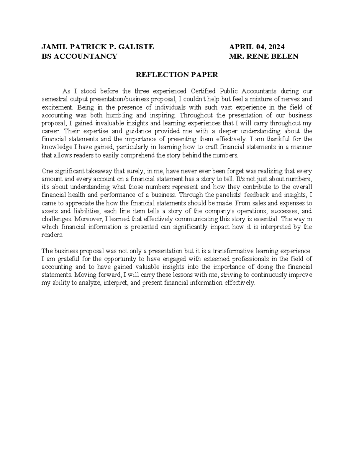 Reflection Paper AUDReview - JAMIL PATRICK P. GALISTE APRIL 04, 2024 BS ACCOUNTANCY MR. RENE ...