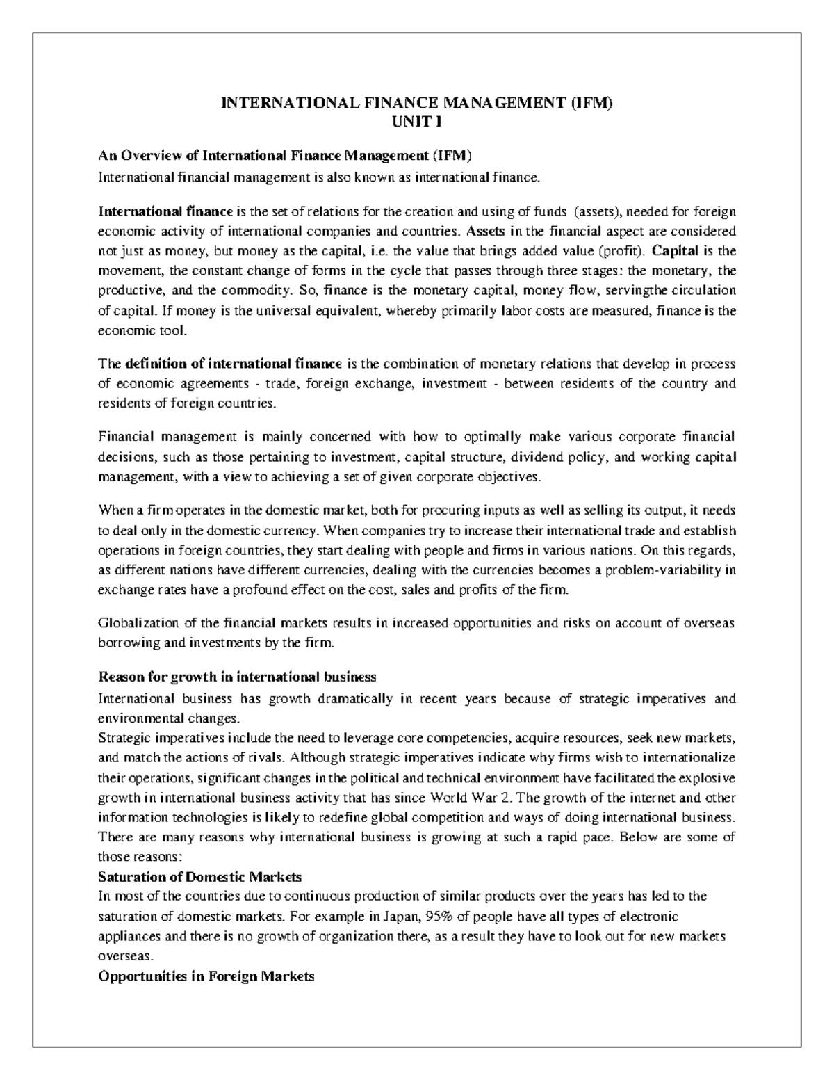 IFM UNIT I - IFM - INTERNATIONAL FINANCE MANAGEMENT (IFM) UNIT I An ...