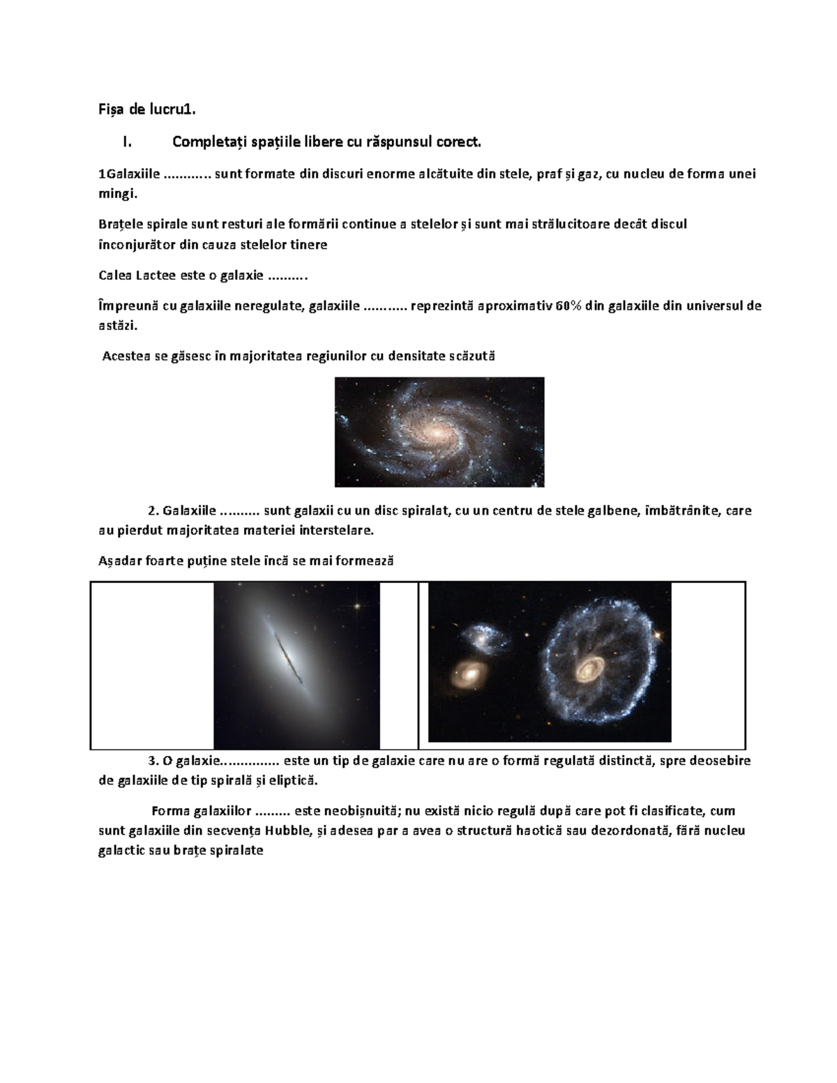 Fisa de lucru Universul si Sistemul solar - Fișa de lucru1. I ...