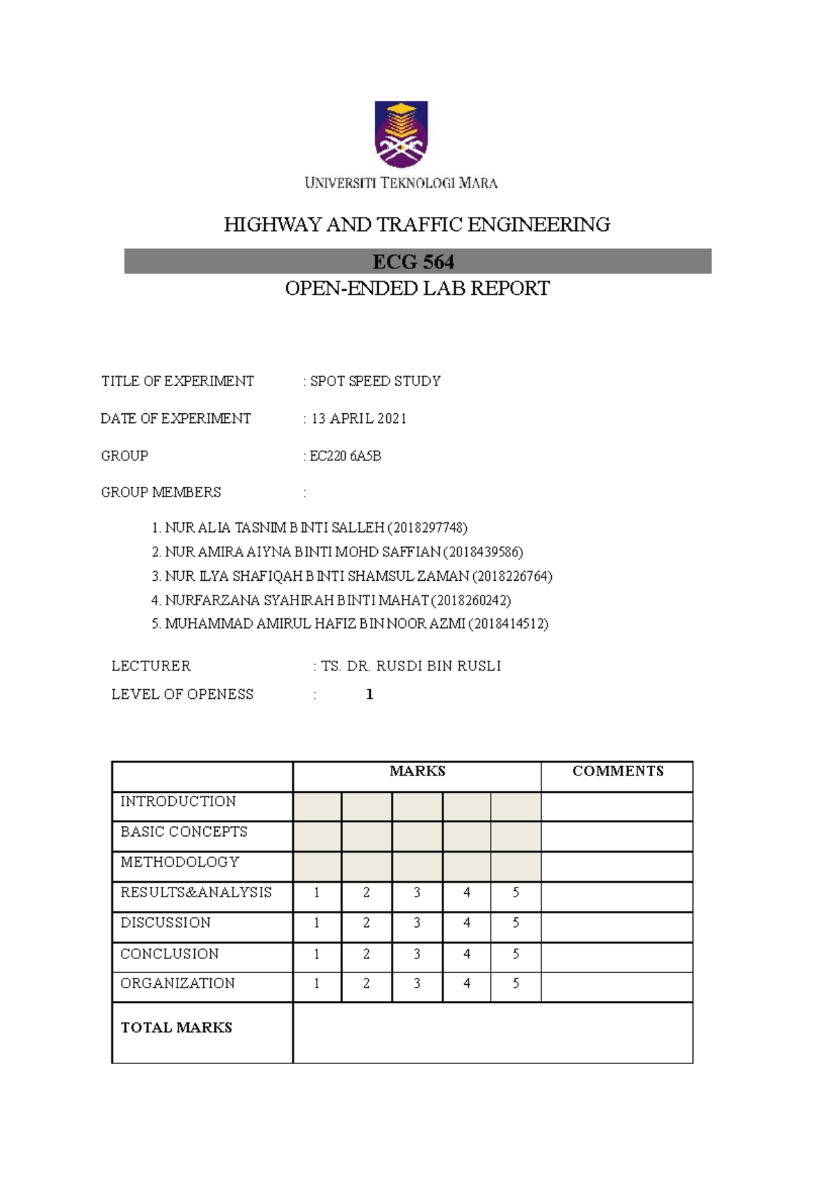 Spot Speed Study(Complete) ECG564 Highway - HIGHWAY AND TRAFFIC ...