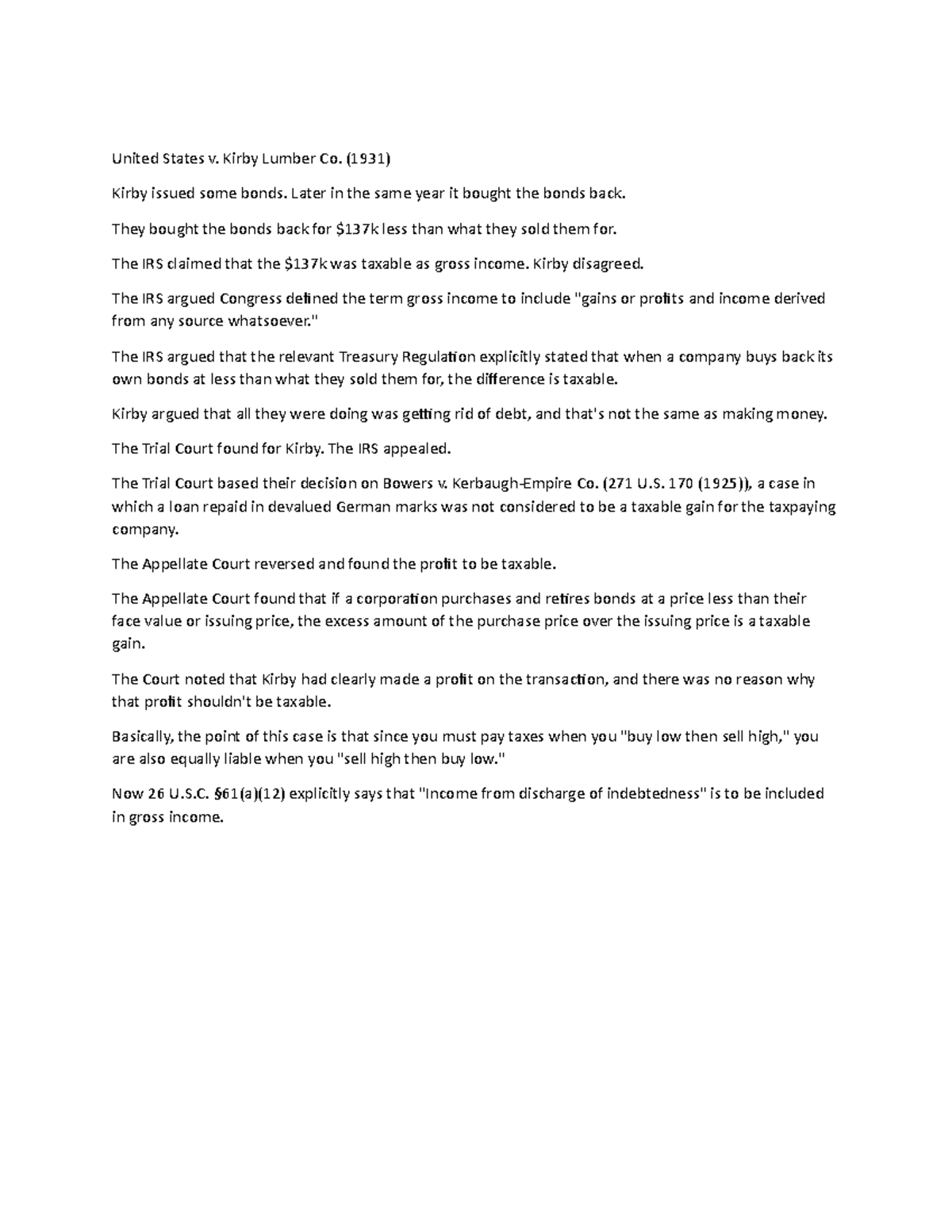 Week 2 case briefs taxation - United States v. Kirby Lumber Co. (1931 ...