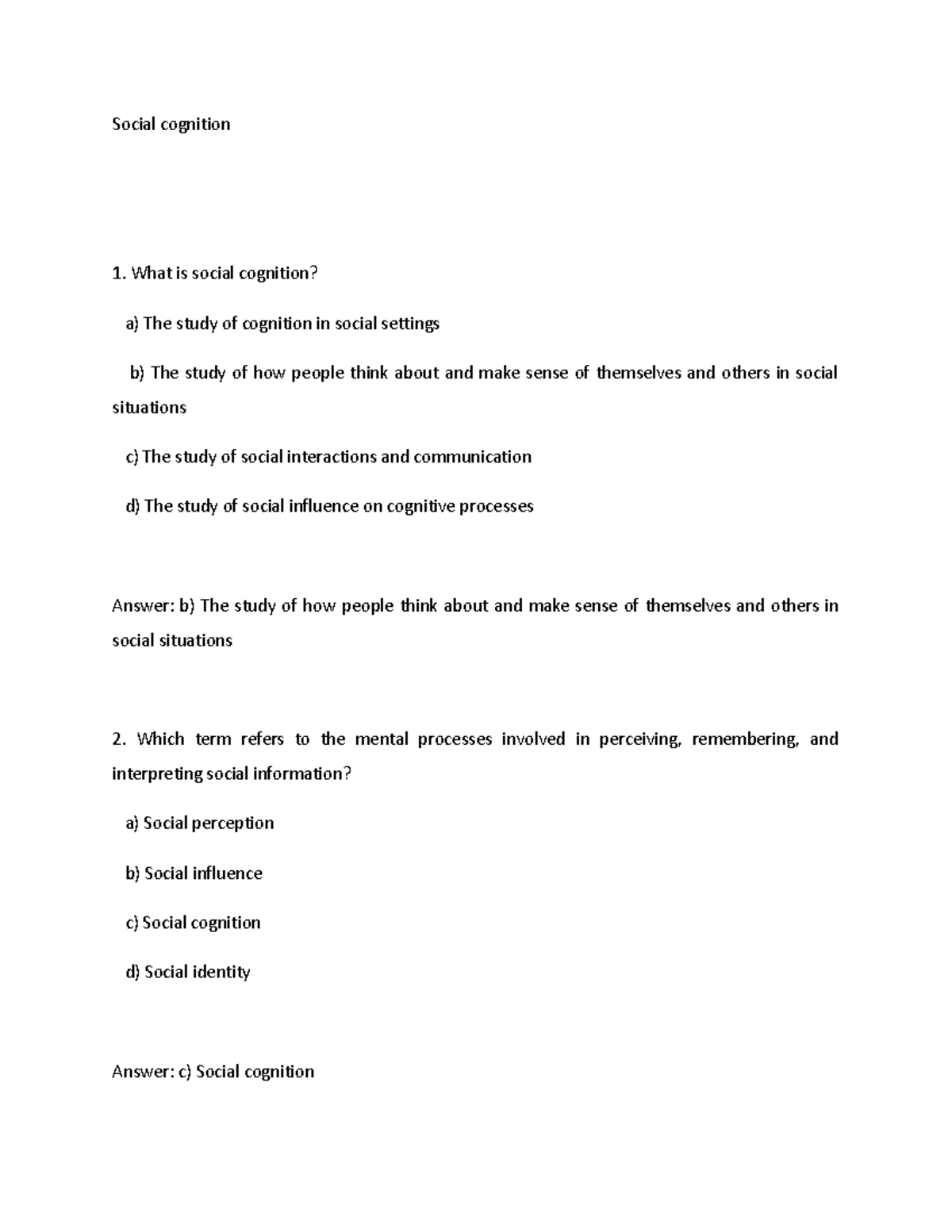 Social cognition - Multiple Choice Questions and Answers - Social ...