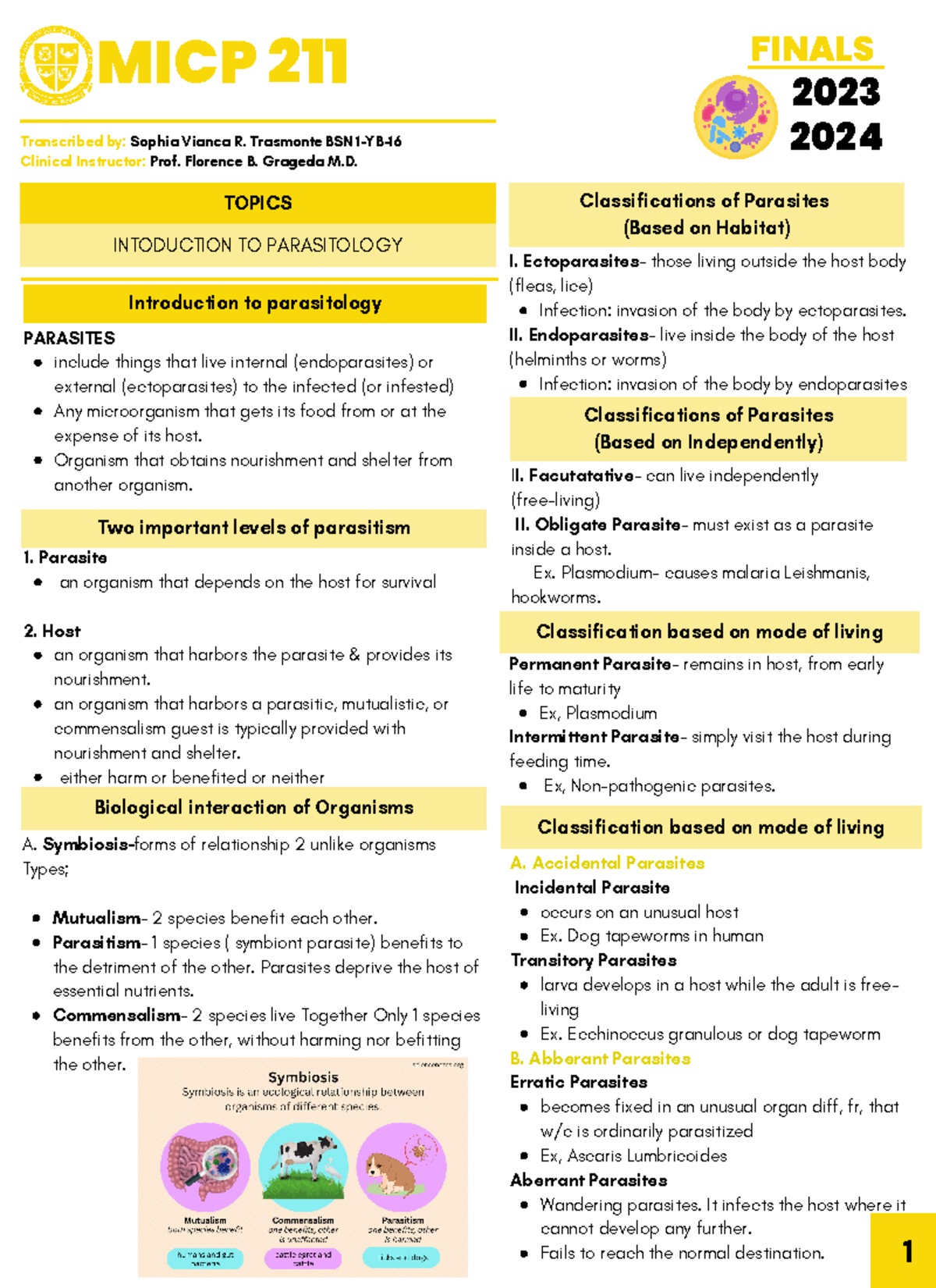 MICP 211_Introduction to Parasitology - FINALS TOPICS INTODUCTION TO PARASITOLOGY MICP 211 - Studocu