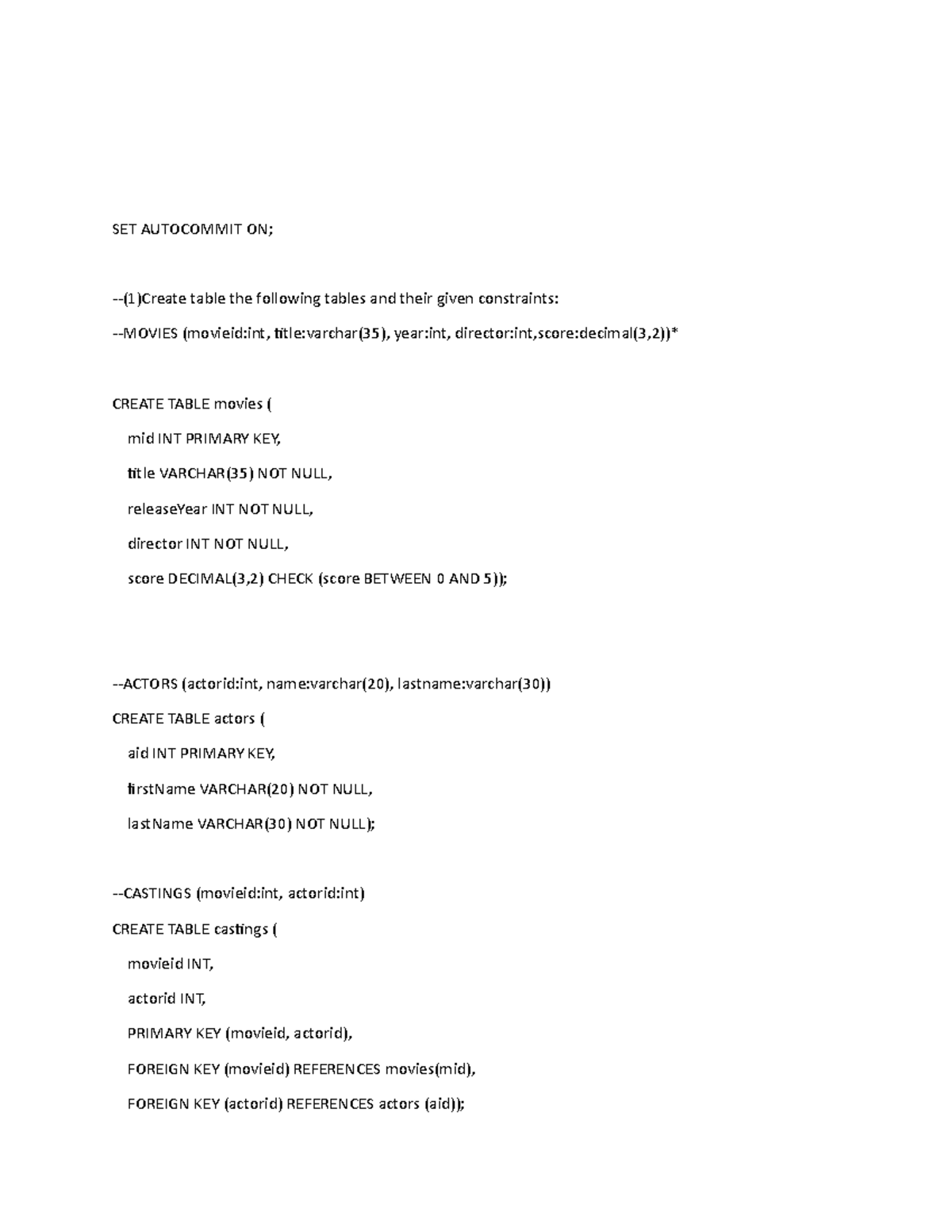 DBS211 Lab4 Lydia Li - Lab 4 - SET AUTOCOMMIT ON; -(1)Create table the following tables and ...