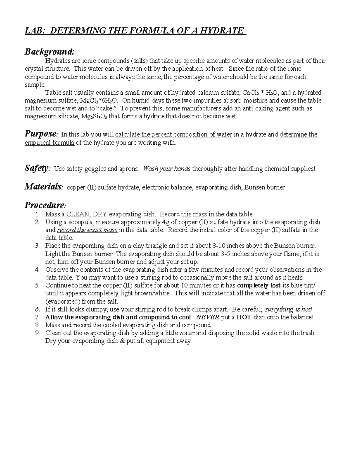 Hydrate lab honors Quia - LAB: DETERMING THE FORMULA OF A HYDRATE ...