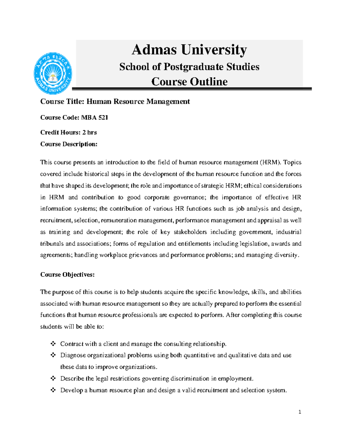 Human Resouce Management - Admas University School of Postgraduate ...