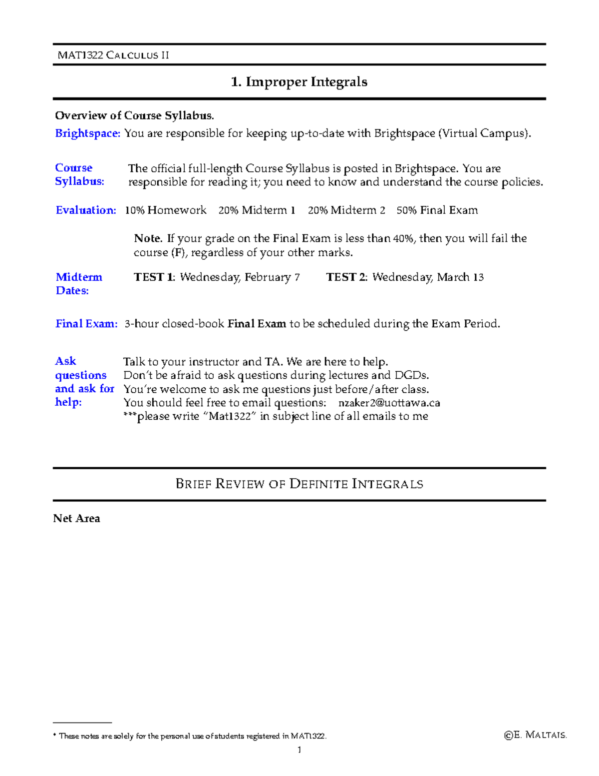MAT1322 C-20241-notes 01 - MAT1322 CALCULUS II 1. Improper Integrals ...