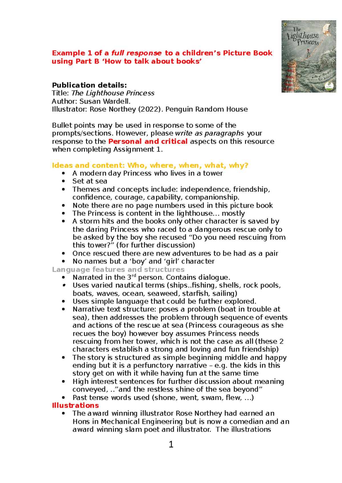 The Lighthouse Princess Critial and personal response 2023 - Example 1 ...