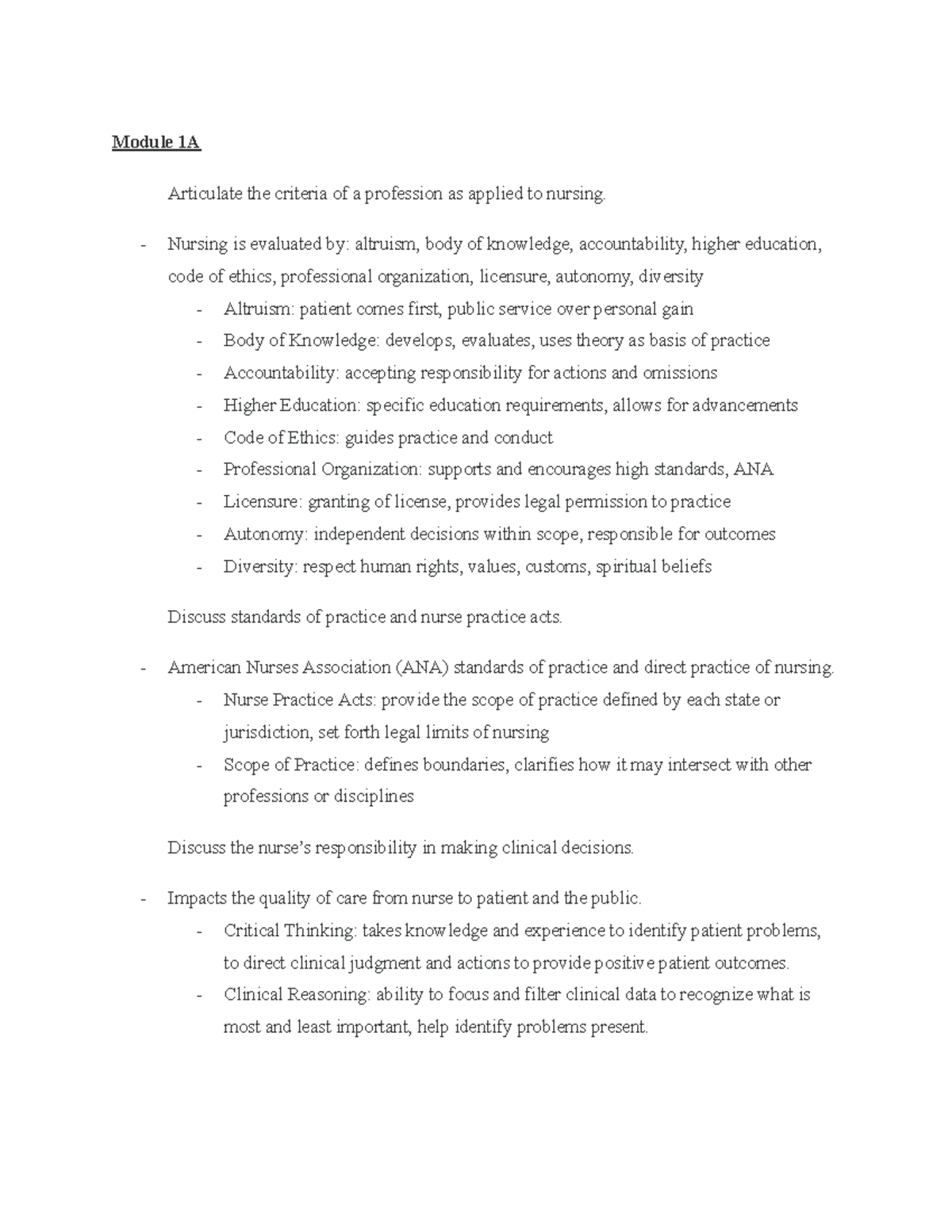 modules 1 and 2 - Module 1A Articulate the criteria of a profession as ...