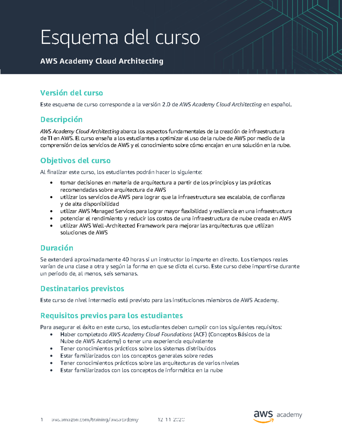 AWS Academy Cloud Architecting (Version 2.0) Course Outline [Spanish ...