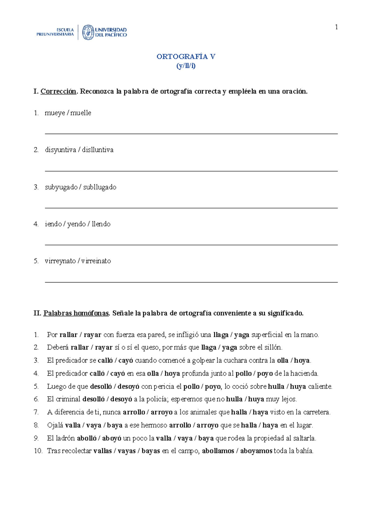 3e Ortografía V (ylli) Tarea - ORTOGRAFÍA V (y/ll/i) I. Corrección ...
