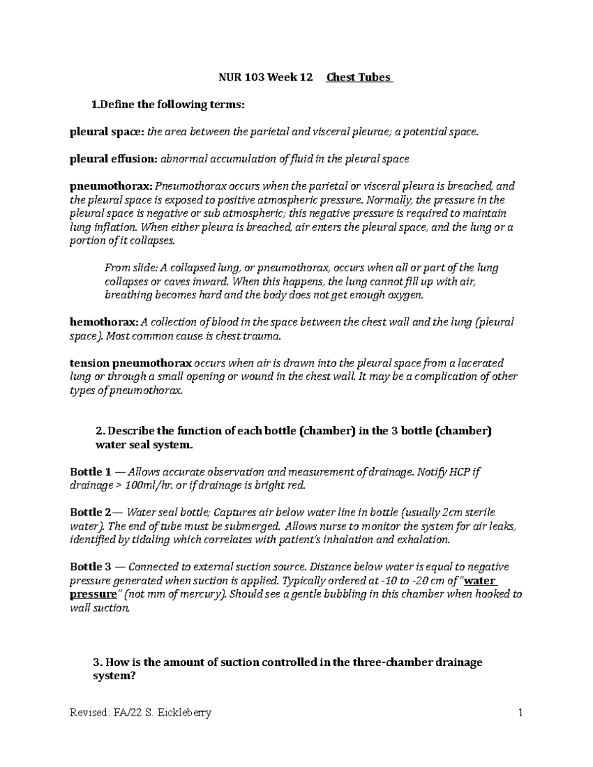 Week 12 Lab Chest Tube Updated Worksheet - NUR 103 Week 12 Chest Tubes ...