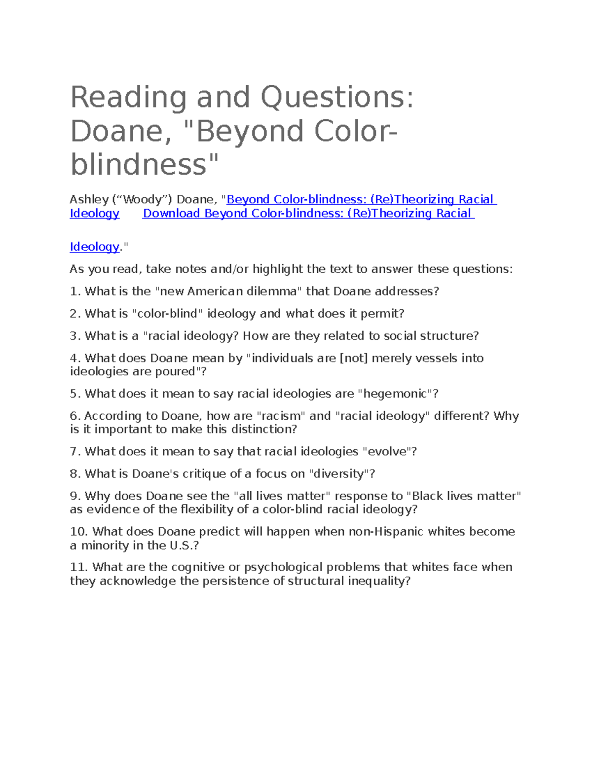 Reading and Question 1 - Reading and Questions: Doane, "Beyond Color ...