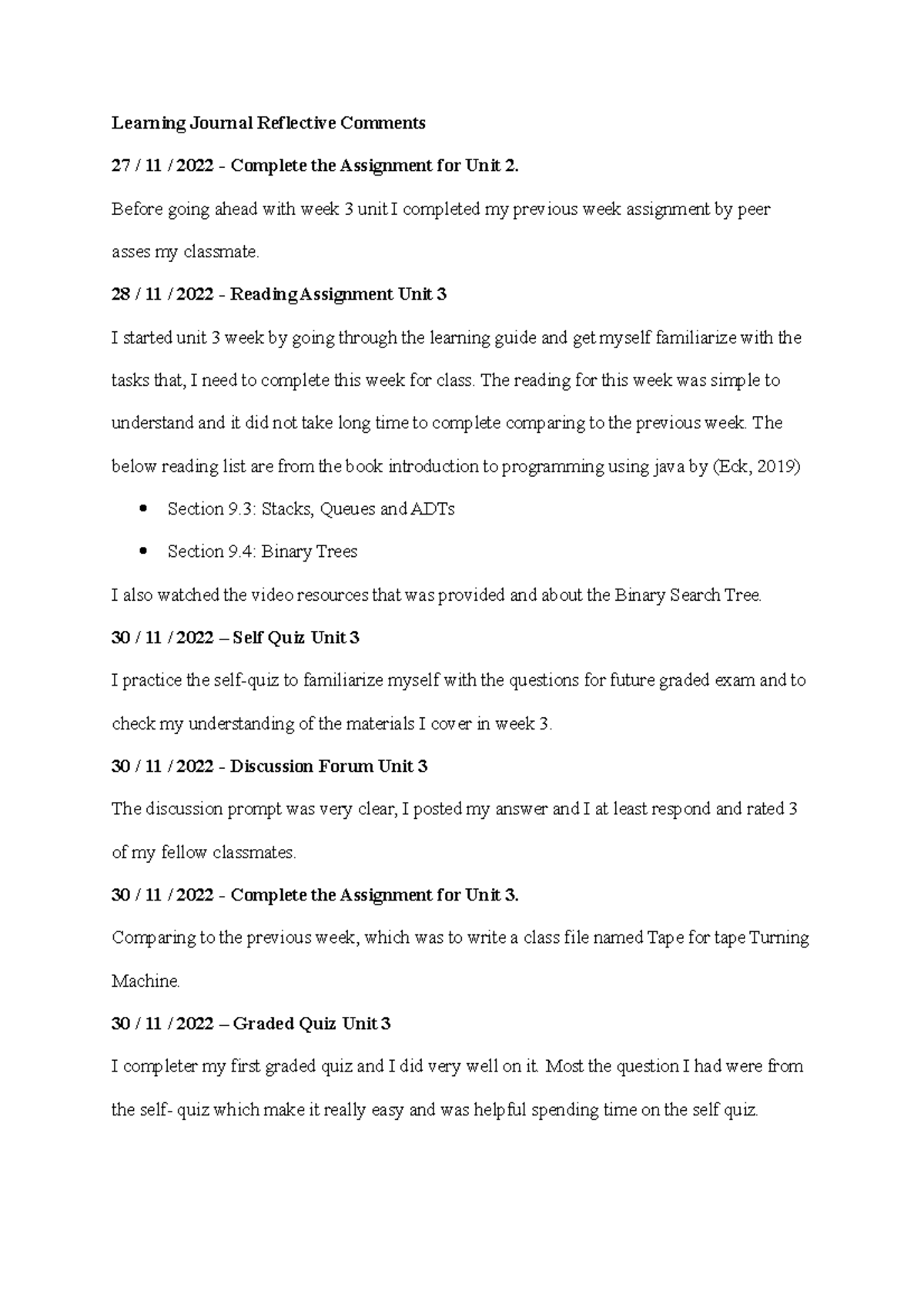 CS 1103 Learning Journal Unit 3 - Learning Journal Reflective Comments 27 / 11 / 2022 - Complete ...