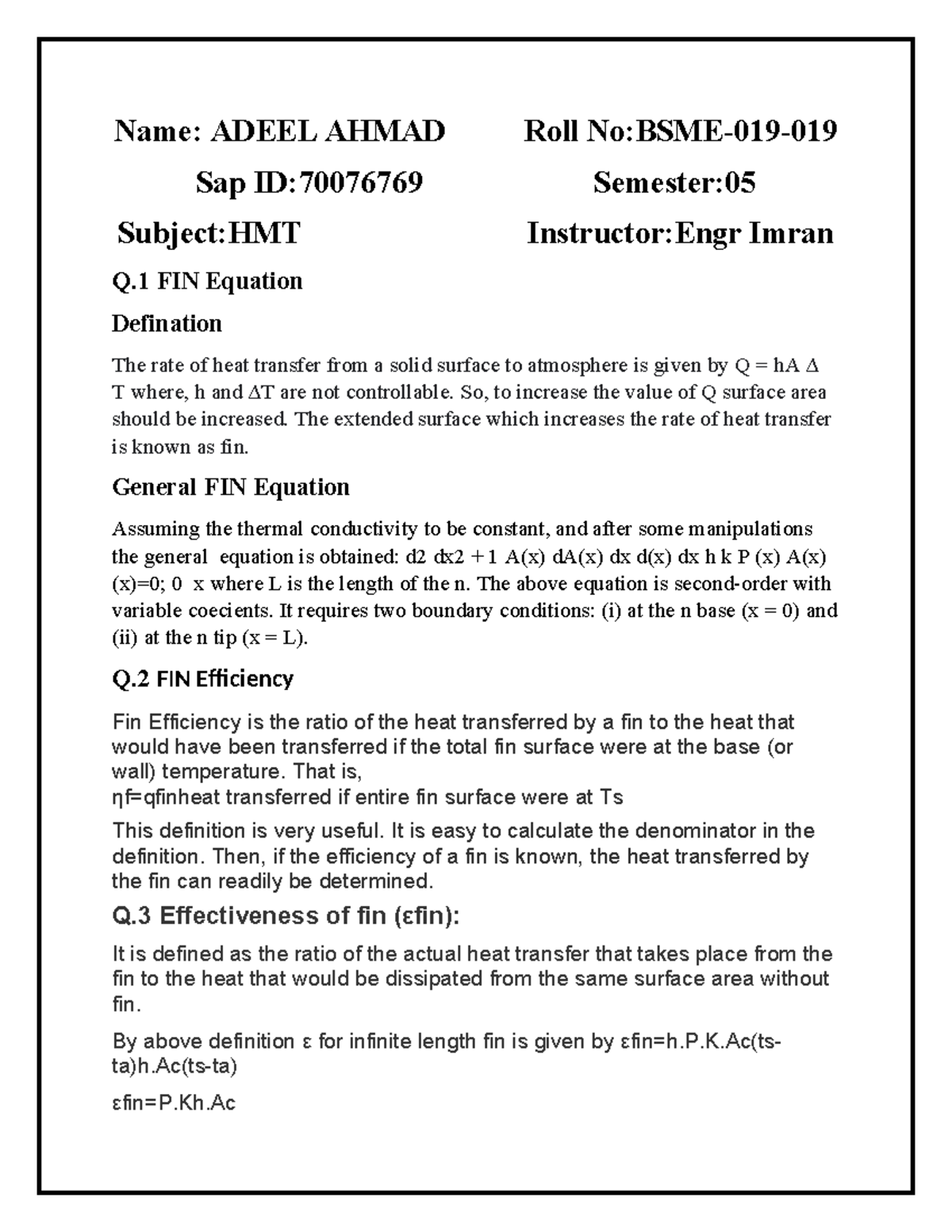 FIN Equation - Name: ADEEL AHMAD Roll No:BSME-019- Sap ID:70076769 ...
