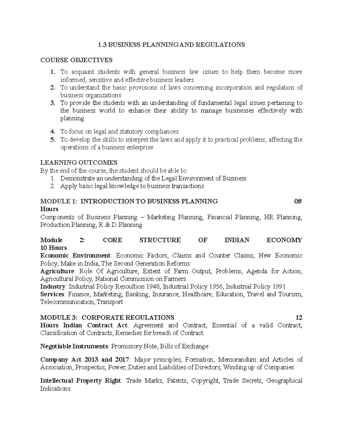 BPR syllabus - 1 BUSINESS PLANNING AND REGULATIONS COURSE OBJECTIVES To ...