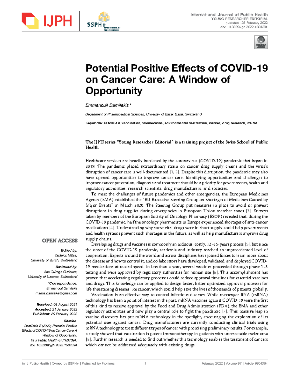 Potential Positive Effects of Covid-19 on Cancer Care A Window of ...