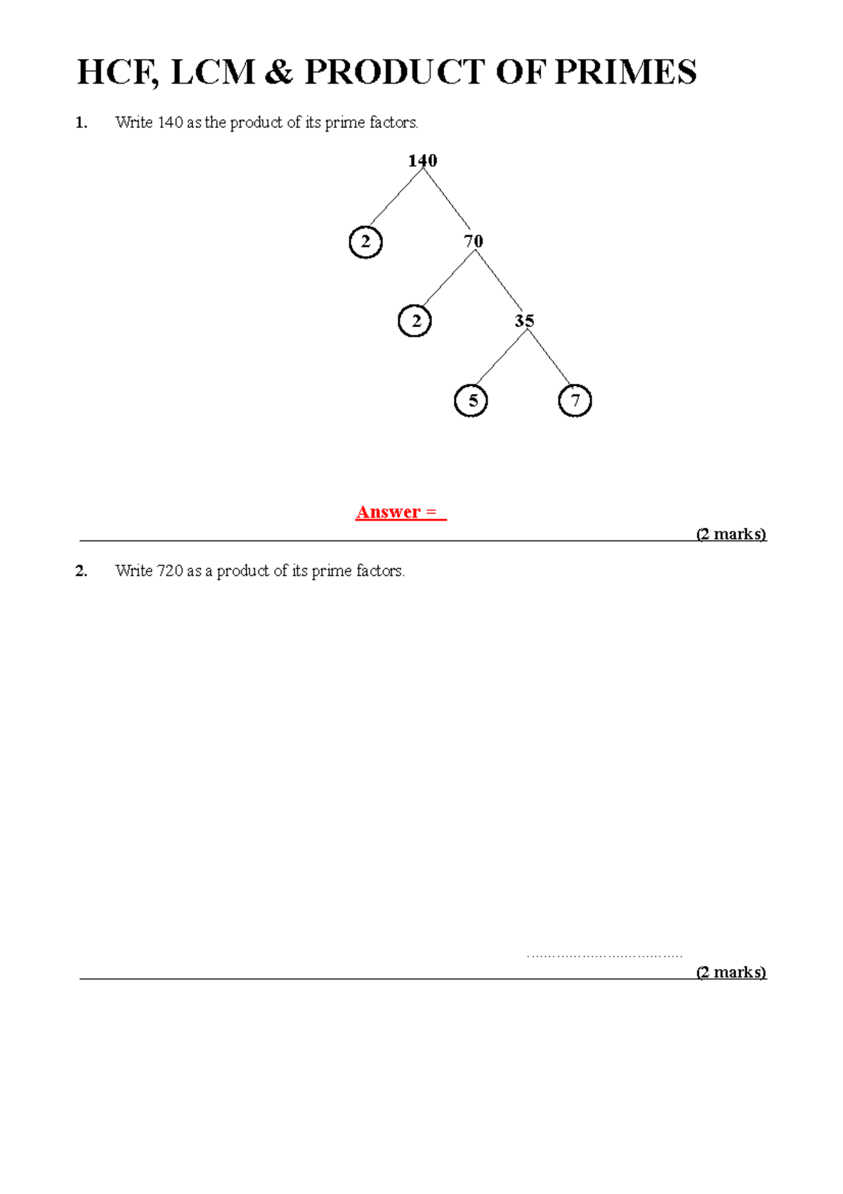 52 hcf-lcm-product-of-primes - 1. Write 140 as the product of its prime ...