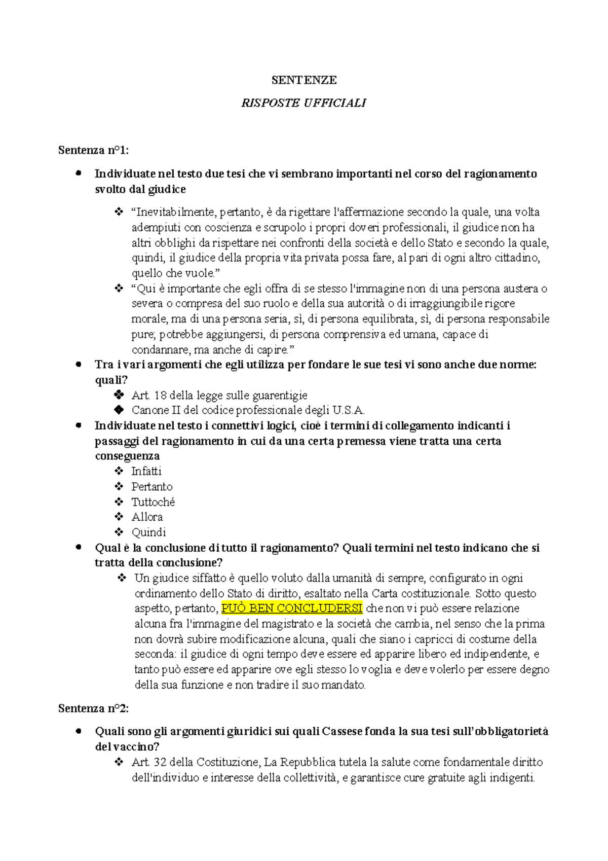 Risposte ufficiali- Sentenze - SENTENZE RISPOSTE UFFICIALI Sentenza n°1 ...