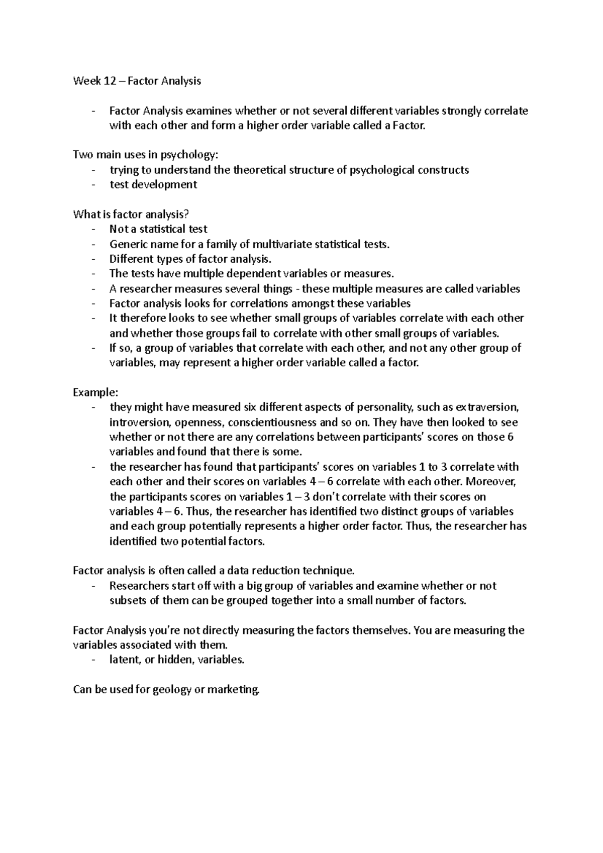 PY3101 - L12 Factor Analaysis - Week 12 – Factor Analysis Factor ...
