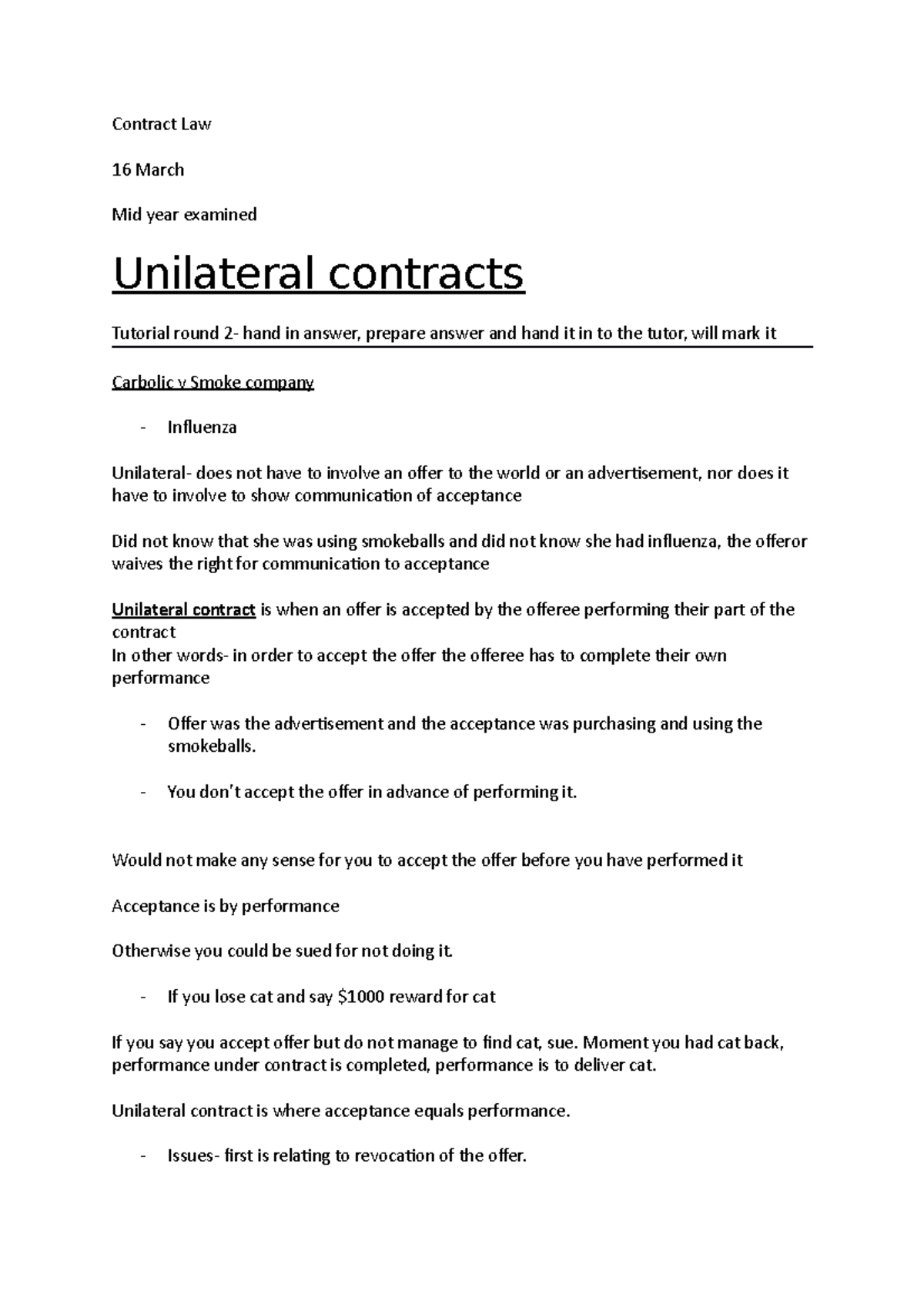 Unilateral contract (16 March) - Contract Law 16 March Mid year ...