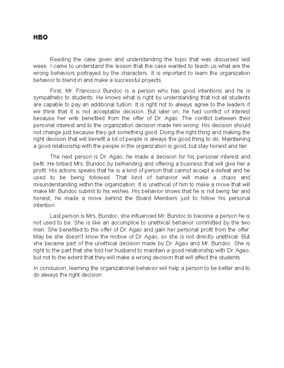 HBO CHAP1 - Human Behavior Organization - HBO Reading the case given ...