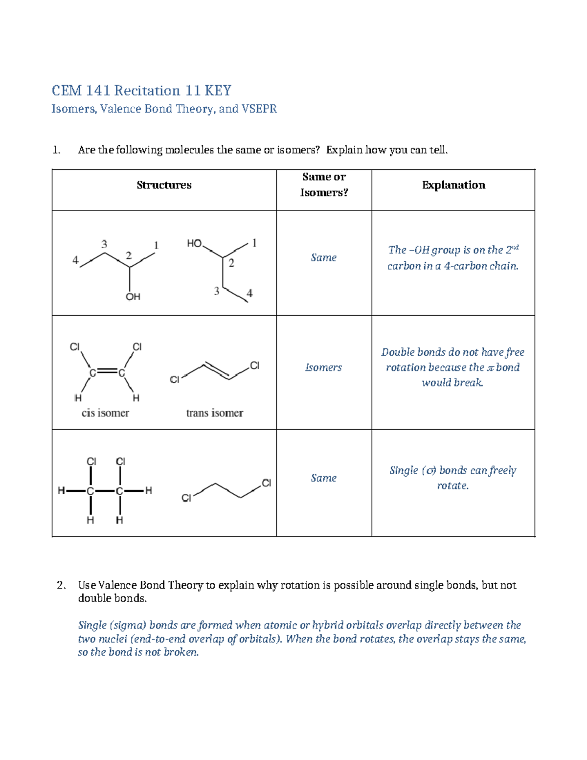CEM141 Recitation 11 KEY - CEM 141 Recitation 11 KEY Isomers, Valence ...