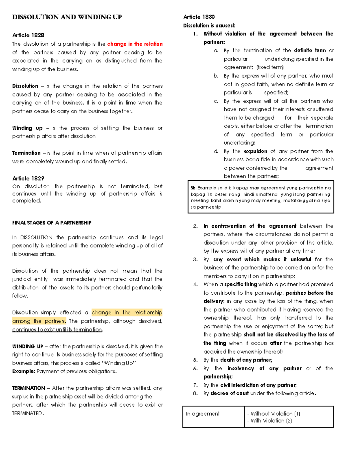 Law-week-4 - law on partnership - DISSOLUTION AND WINDING UP Article 1828 The dissolution of a ...