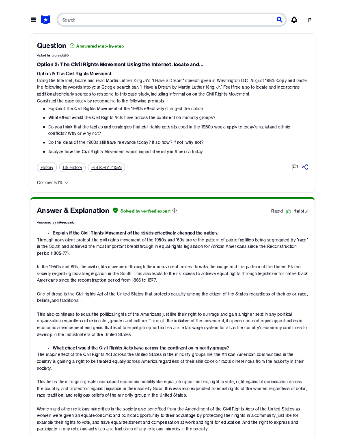 [Solved] Option 2 The Civil Rights Movement Using the Internet, locate ...