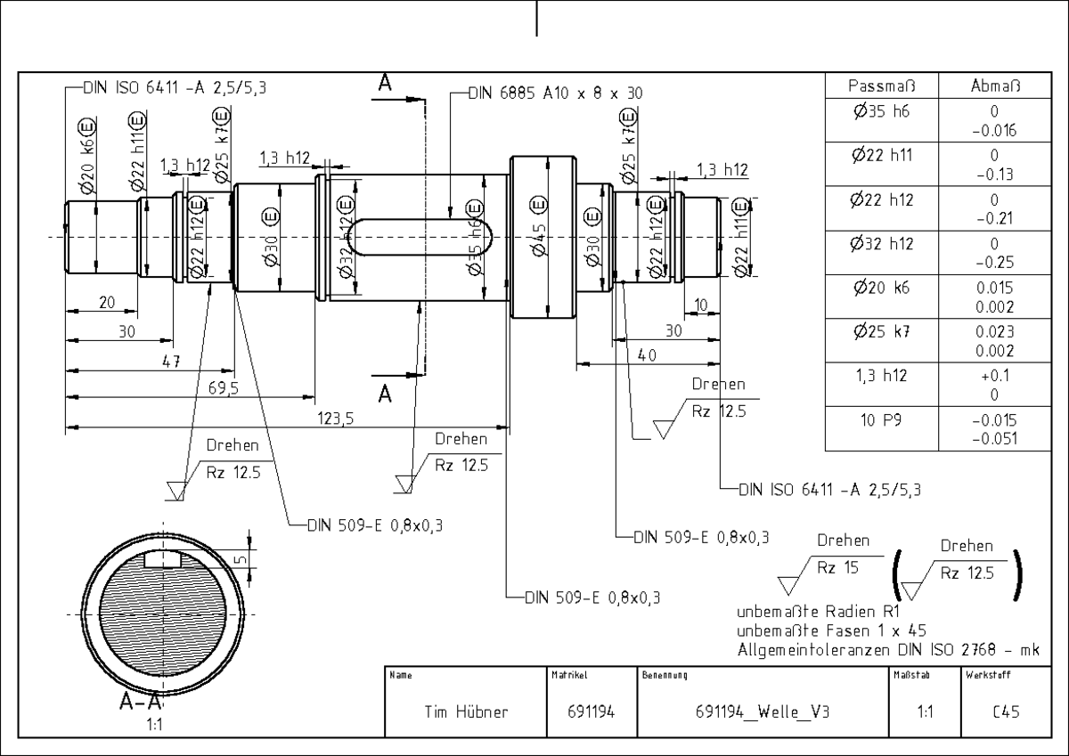 691194 Welle V3 - A A 5 20 30 47 69, 123, 10 30 40 ⌀ 20 k Ⓔ ⌀ 22 h ...