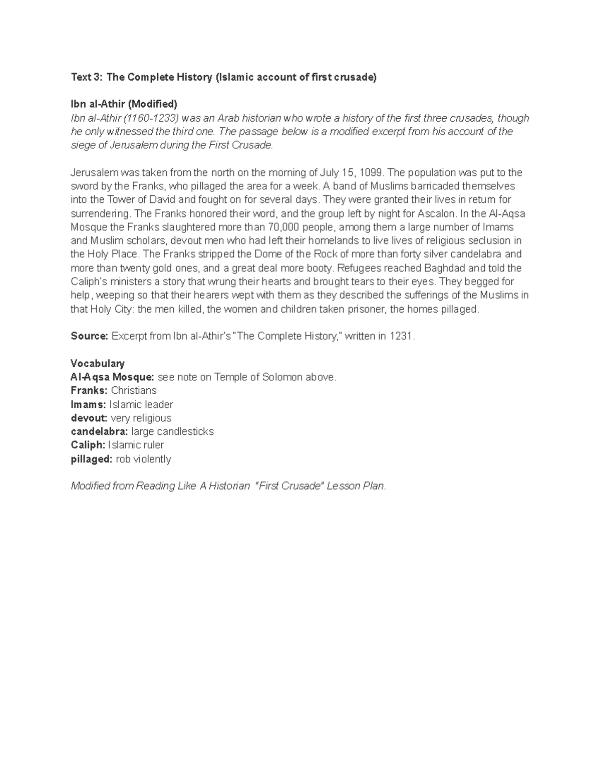Text 3 The Complete History (Islamic account of first crusade) - The ...