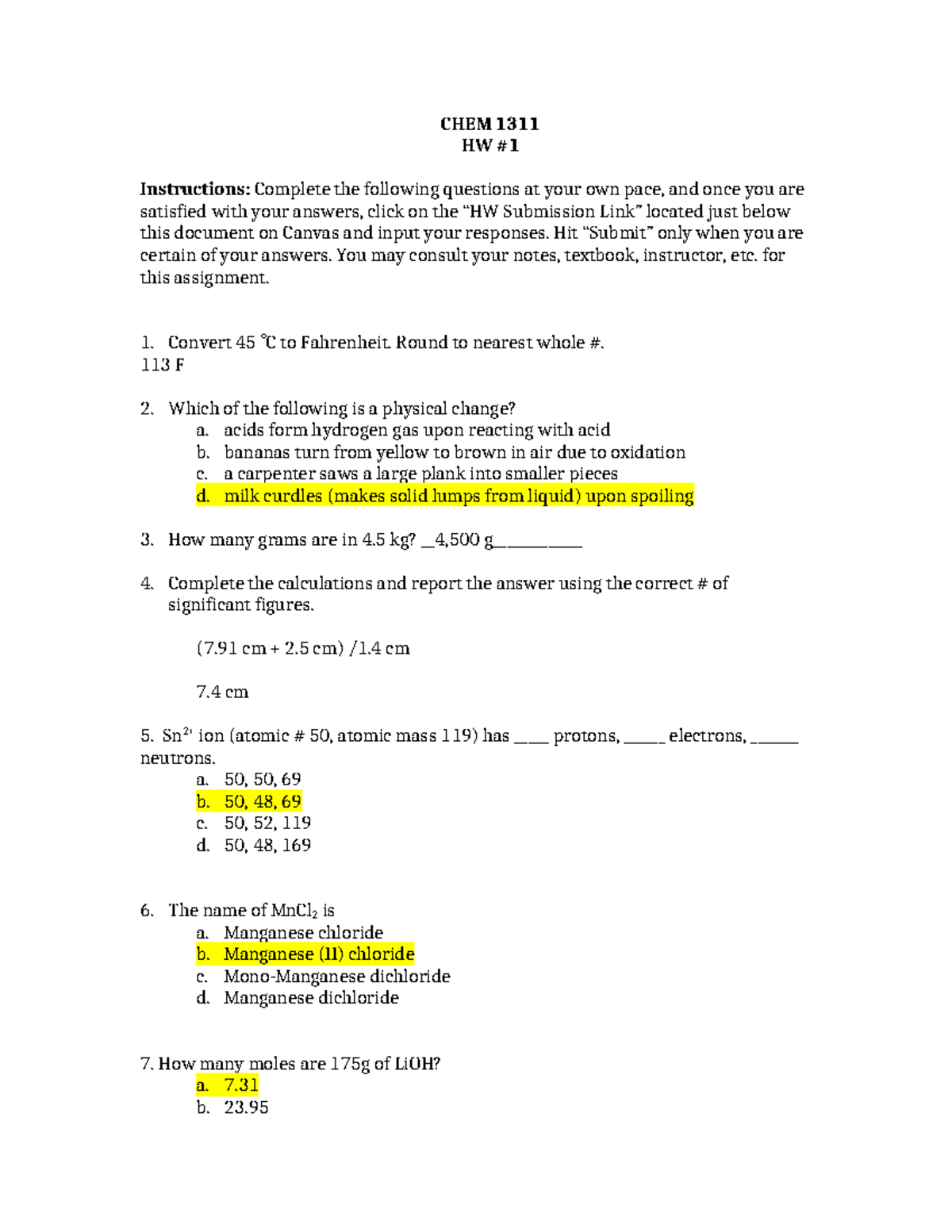 HW #1 - Homework #1 for general chemistry - CHEM 1311 HW Instructions ...