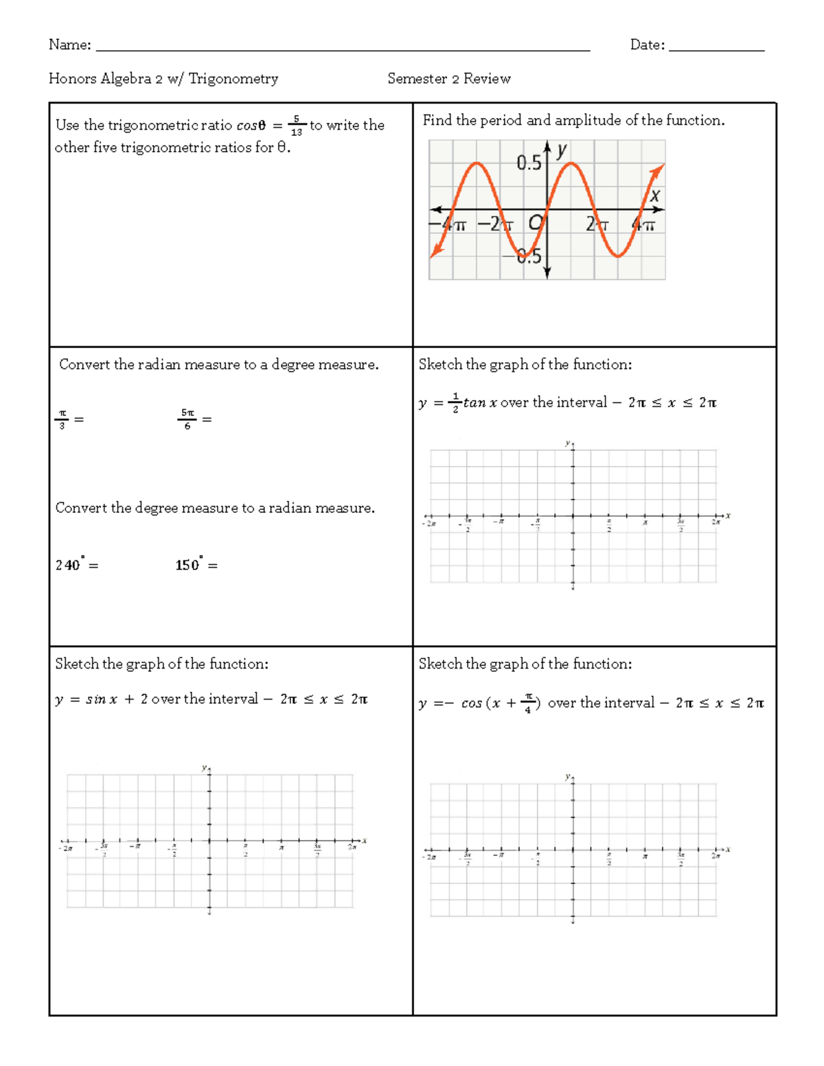 Honors Algebra 2 w Trig - Semester 2 Final Review - Name: - Studocu
