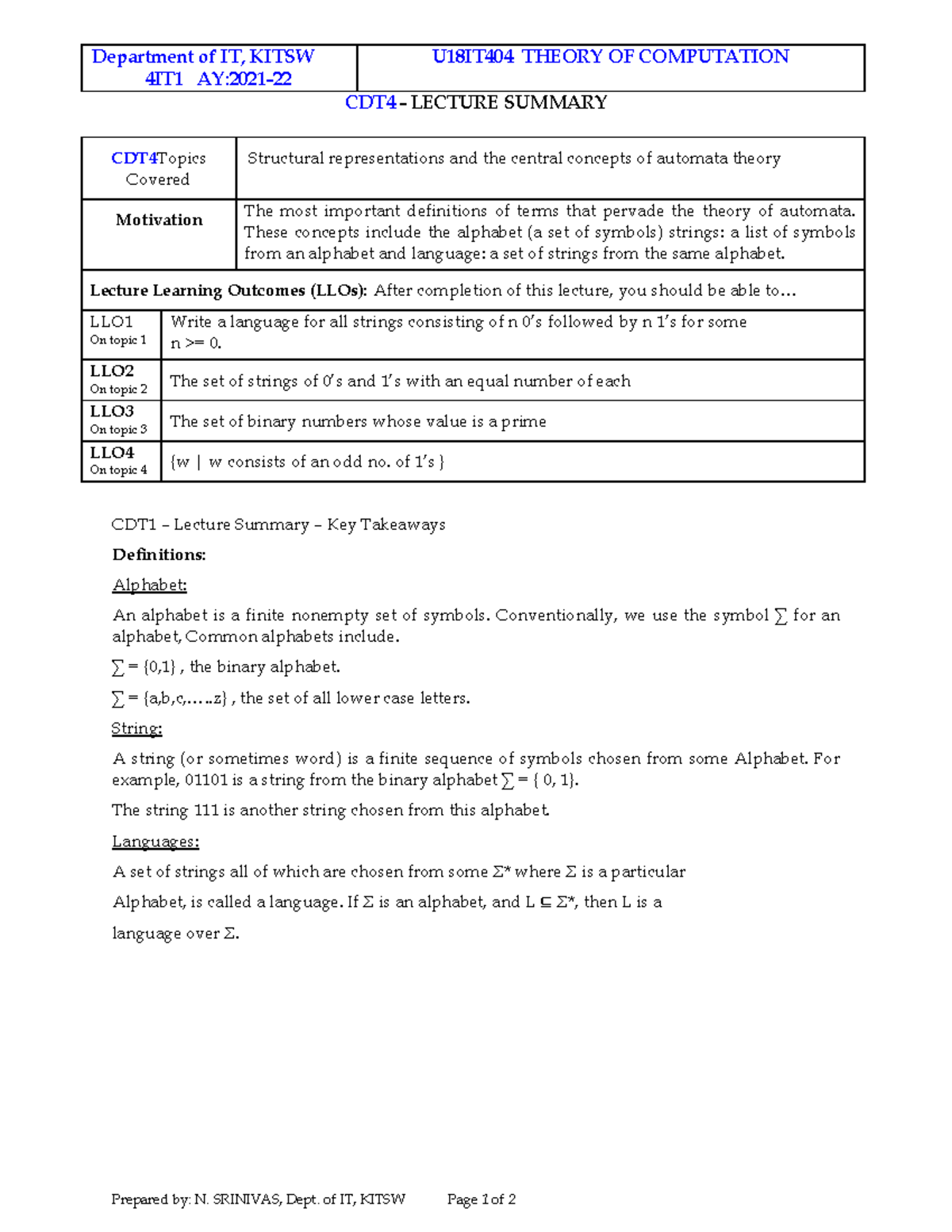 TOC CDT4 - Introduction to finite automata - Department of IT, KITSW ...