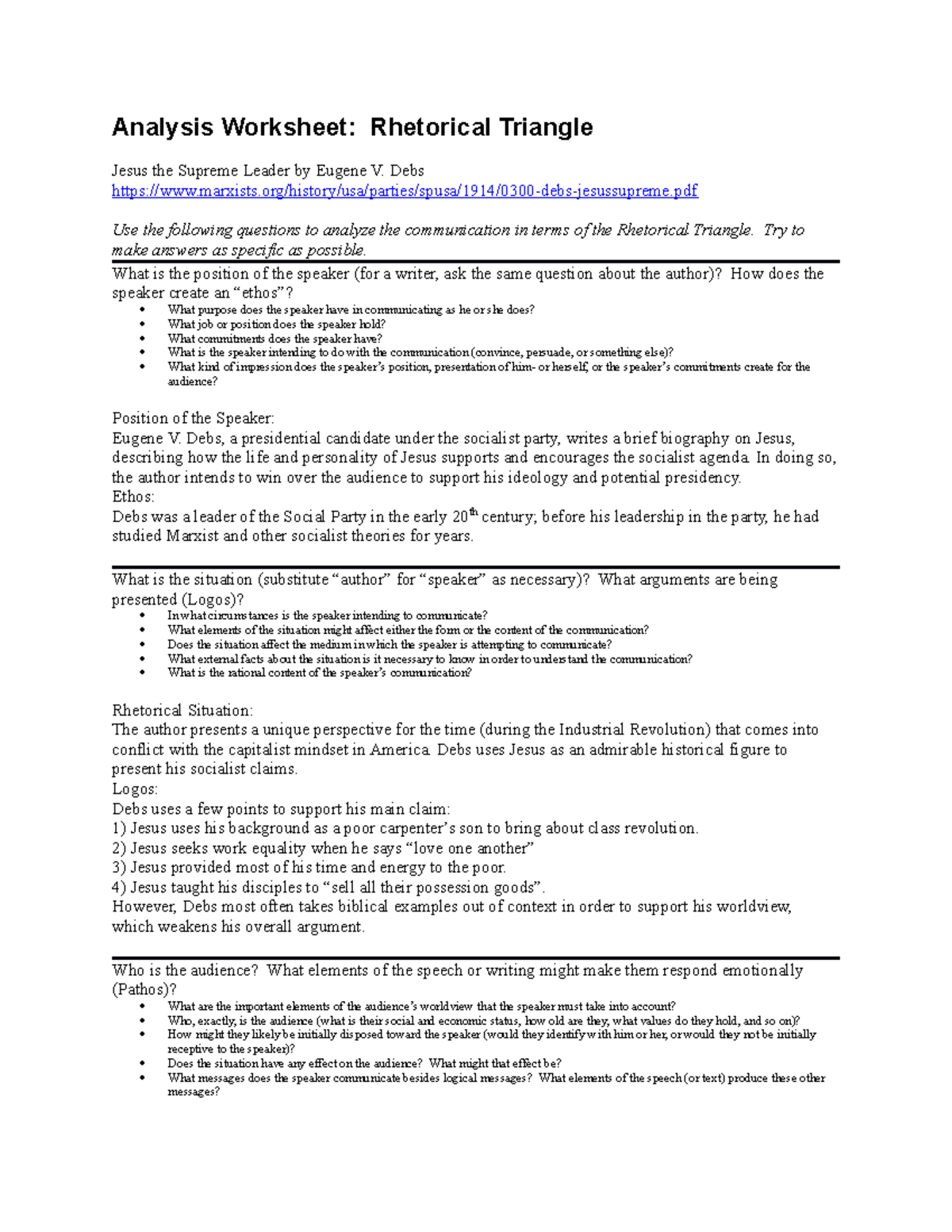 Rhetorical Triangle Analysis Worksheet - Analysis Worksheet: Rhetorical ...