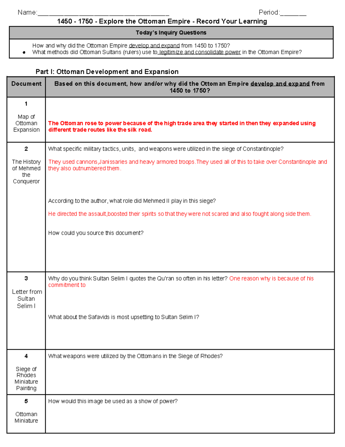 Copy of Explore the Ottoman Empire (record your learning) - Name