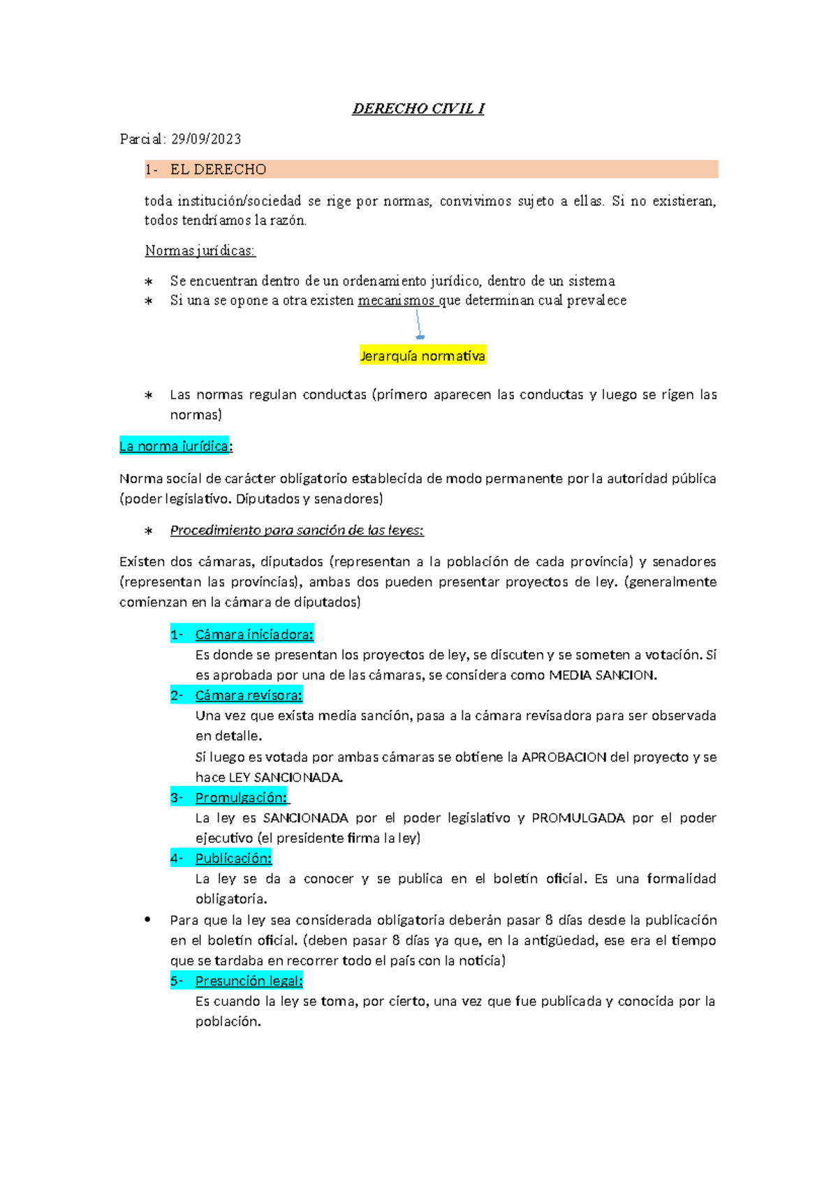 Resumen dereco civil 1 - DERECHO CIVIL I Parcial: 29/09/ 1- EL DERECHO ...