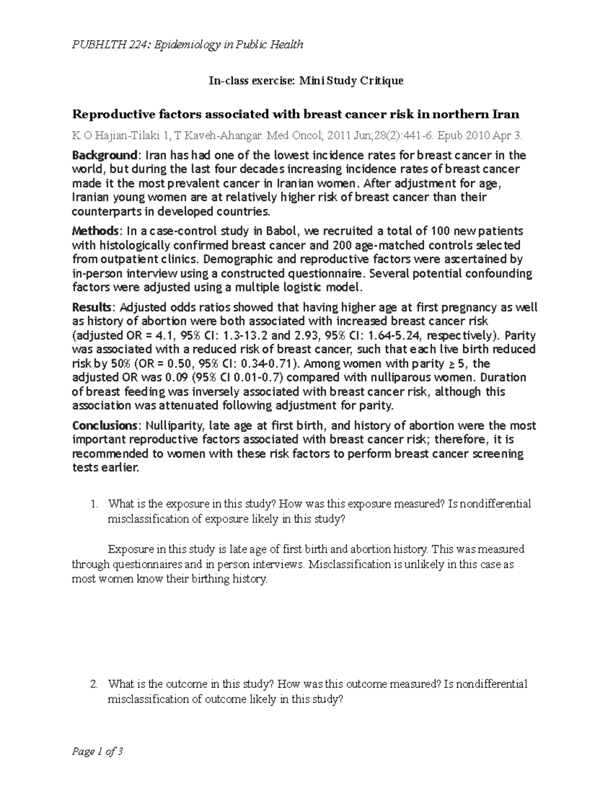Exercise Mini study critique - PUBHLTH 224: Epidemiology in Public ...