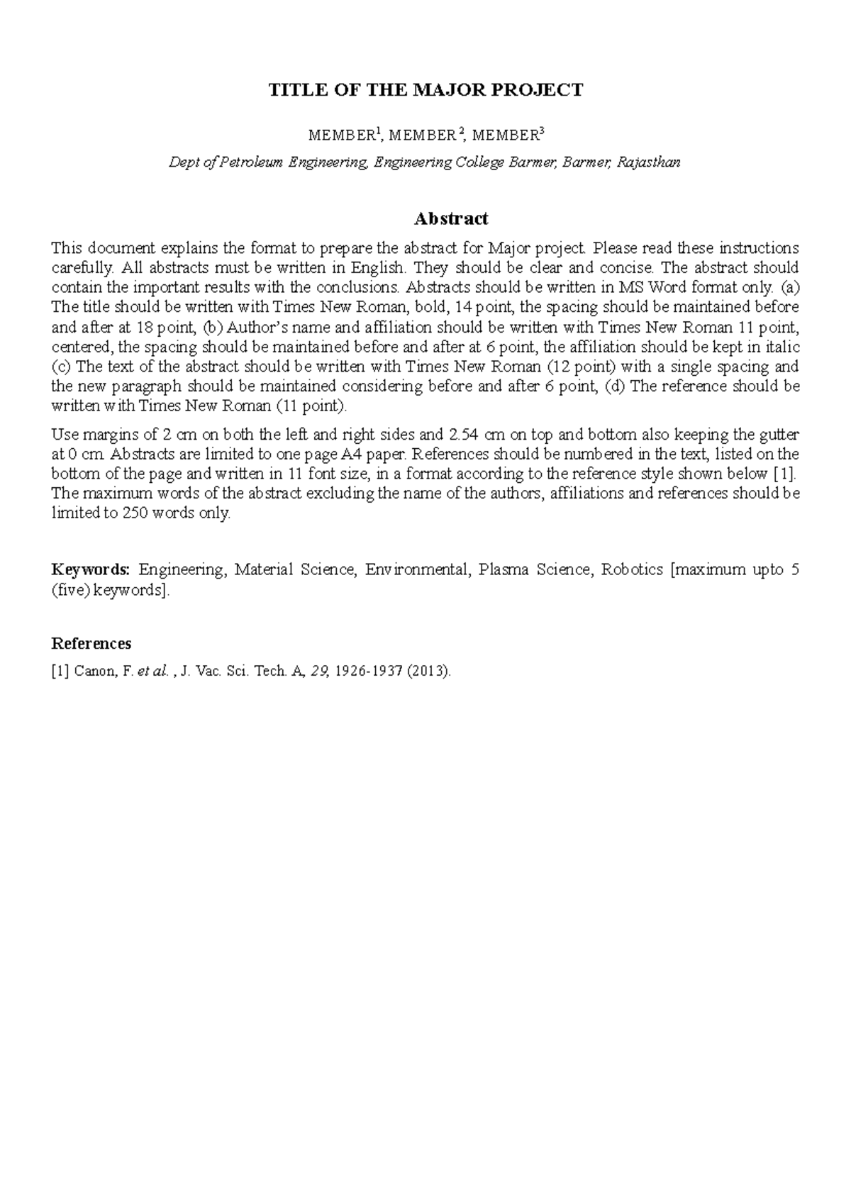 Prescribed Format of Abstract for major project thesis submission ...