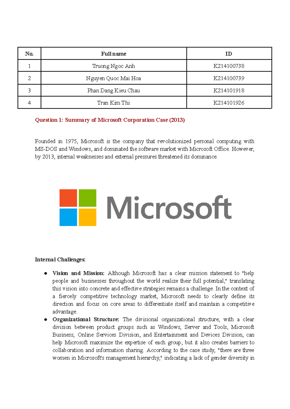 Case Study - Microsoft trang 563 - No. Full name ID 1 Truong Ngoc Anh K 2 Nguyen Quoc Mai Hoa K ...