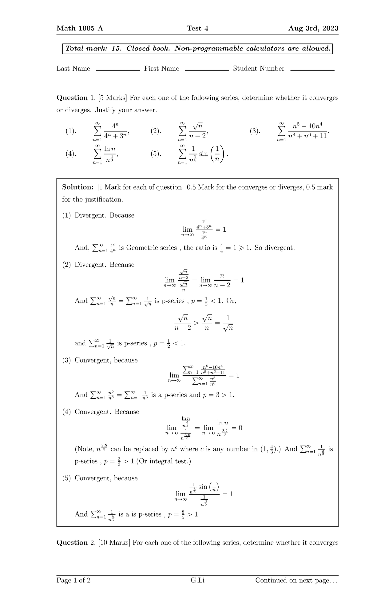 Solutions-Math 1005 Test 4 2023 Summer - Math 1005 A Test 4 Aug 3rd ...